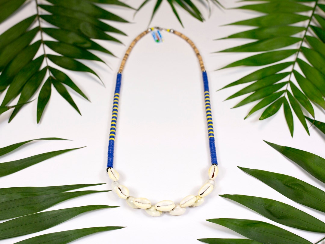 Unisex Necklace in Polynesian Shells and Blue and Yellow Vinyl. Cowrie ...