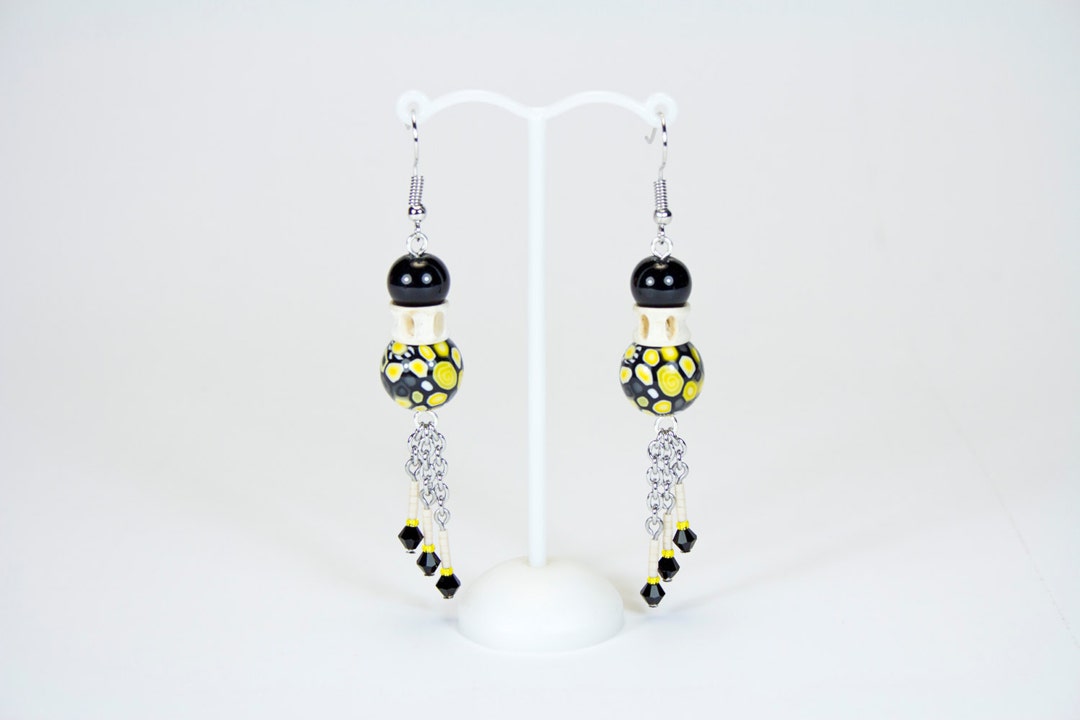 Original Black and Yellow Earrings, Fish Vertebrae and Handmade Polymer ...