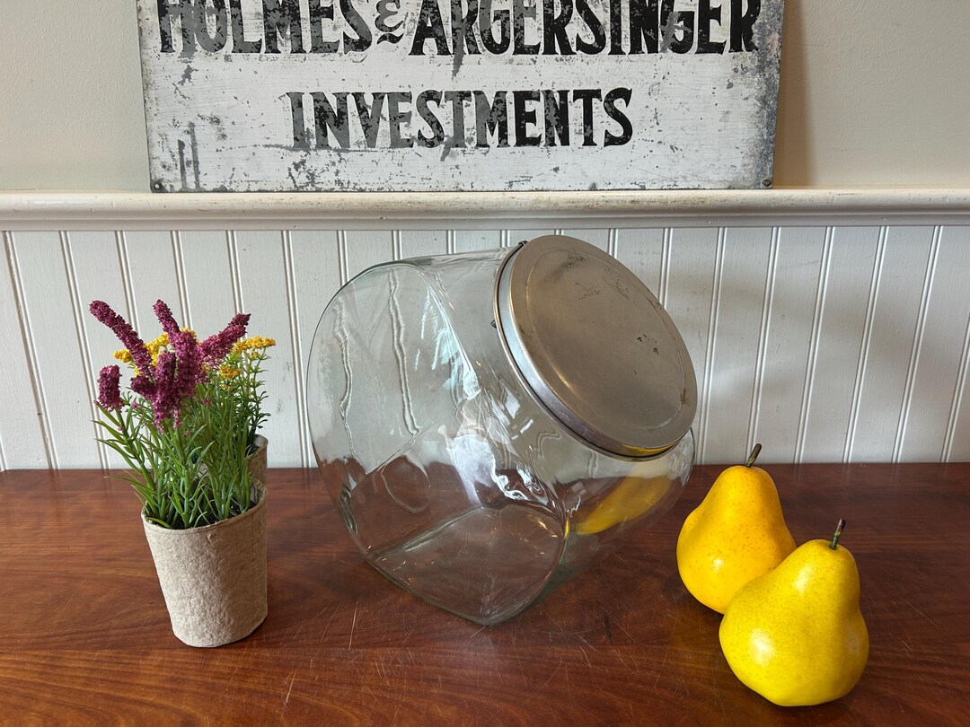 Vintage Glass Counter Candy Jar With Flip-up Aluminum Lid Large ...