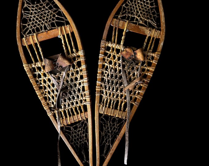 Vintage Wooden Snowshoes With Leather Bindings – 45" Rustic Cabin Décor ...