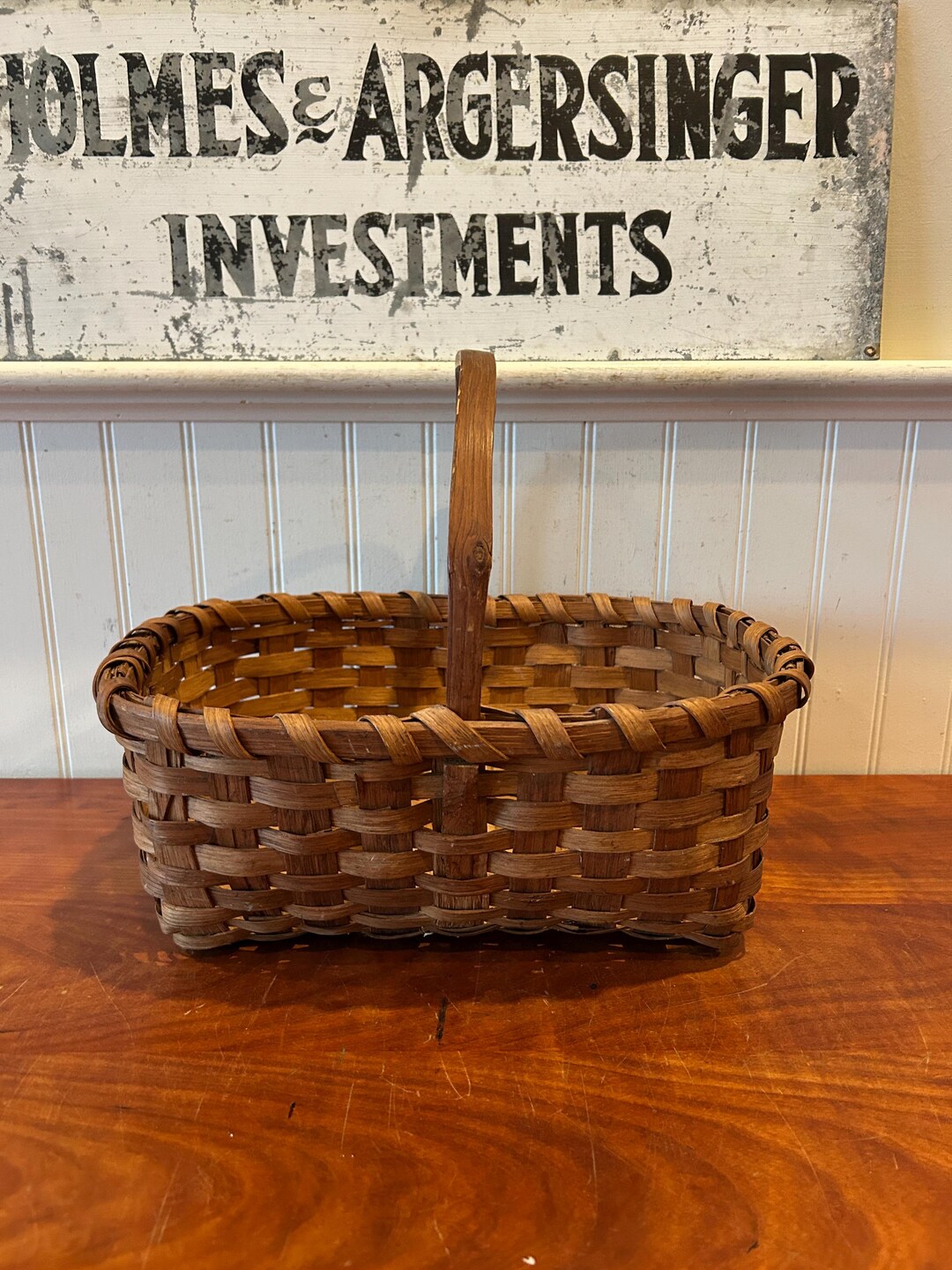 Antique Splint Basket / Split Ash Handwoven Primitive Gathering Basket Bentwood Handle Basket ...