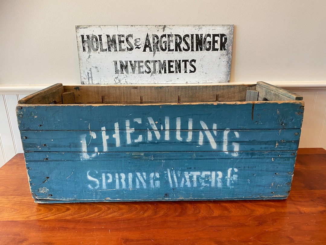 Vintage Chemung Spring Water Crate: Blue Painted Wood Advertising Box ...