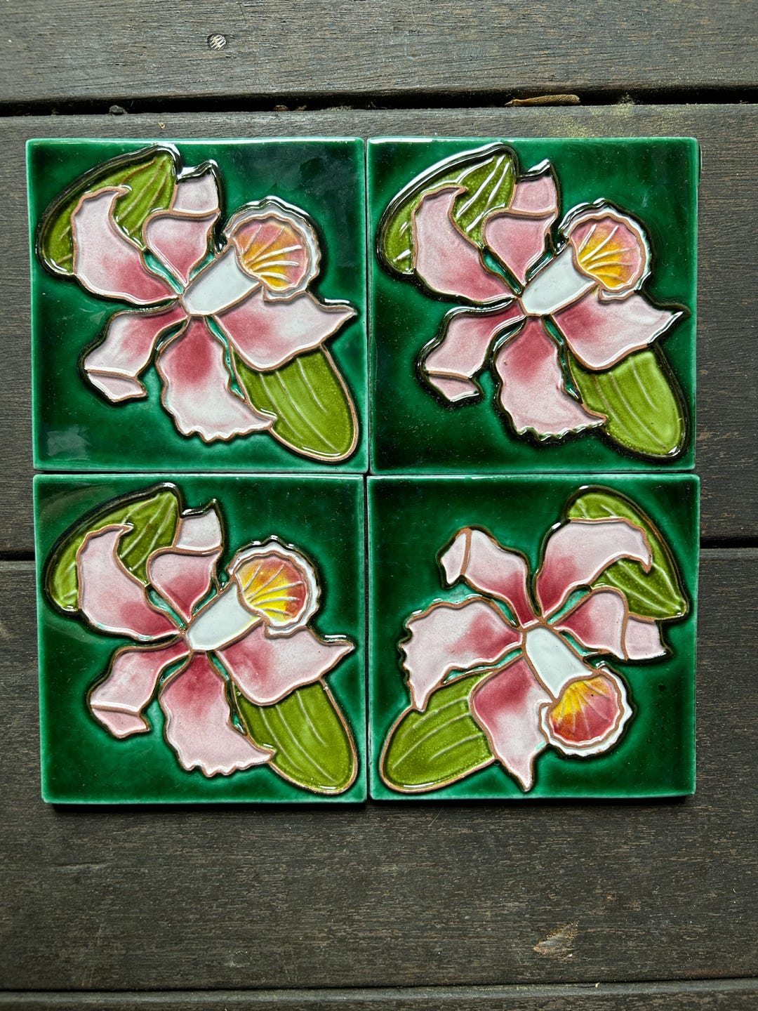 Vintage Orchid Relief Art Tile: 4" Glossy Green Ceramic, Arts & Crafts ...
