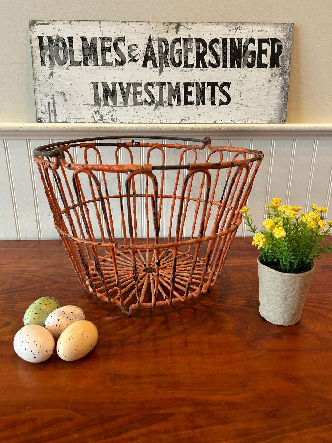 Vintage Orange Wire Basket With Handle Rustic Farmhouse Egg or Clam ...