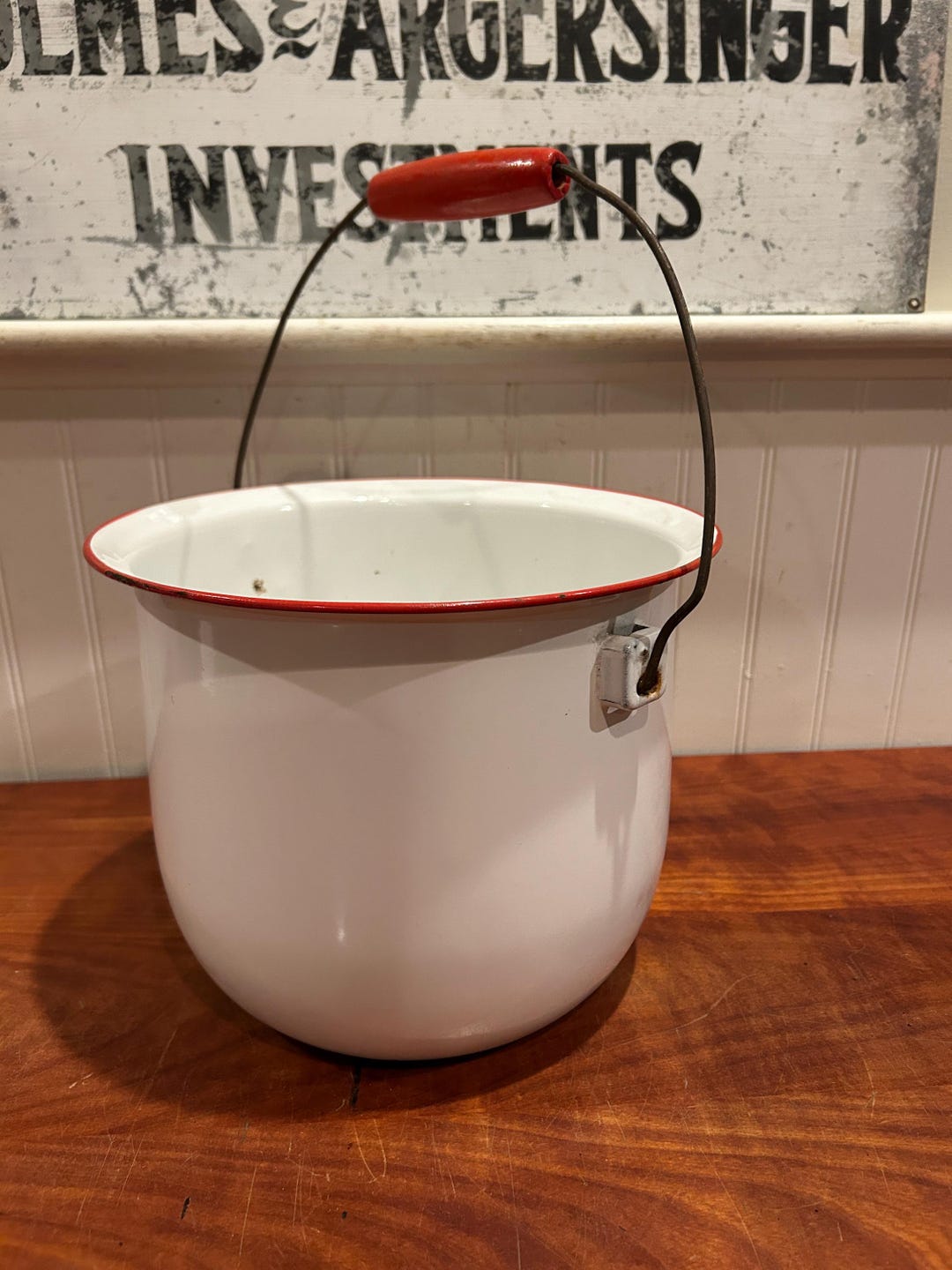 Vintage White Enamelware Bucket: Red Trim, Farmhouse Decor - Etsy