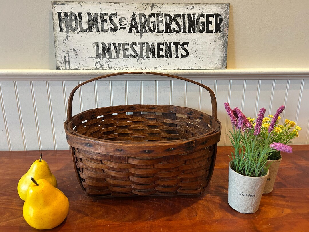 Antique 19th Century Oak Splint Gathering Basket Rustic Farmhouse ...