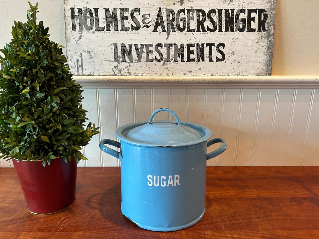 Vintage Enamel Sugar Pot - Vintage Sugar Tin - Metal Tin - Enamelware ...