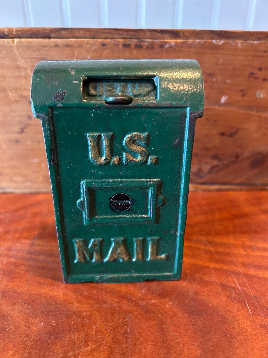 Vintage Cast Iron Toy Bank Small Green Mailbox Bank Green Cast Iron ...