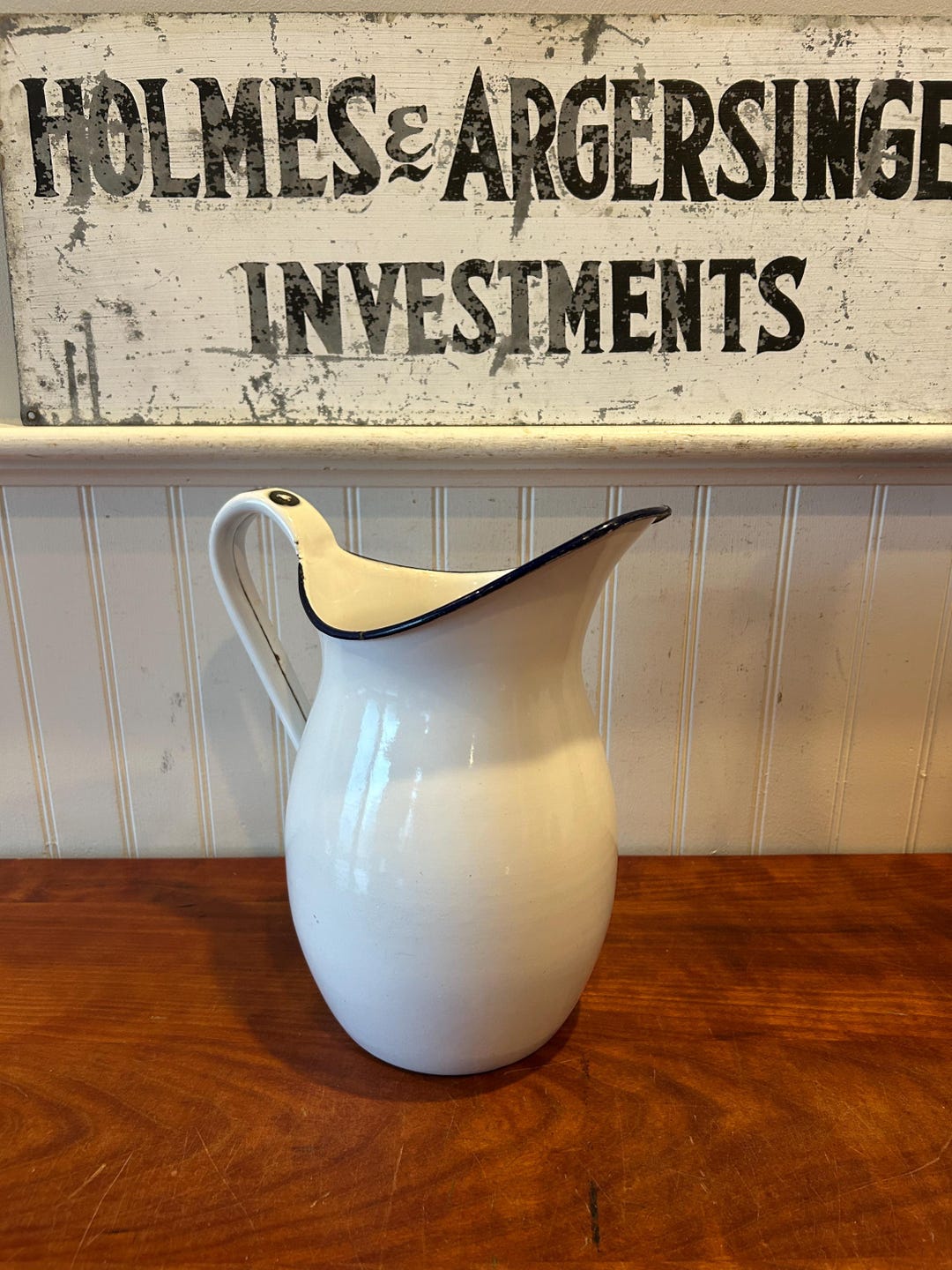 Vintage Enamel Pitcher Vintage Farmhouse Pitcher Vintage White and Blue ...