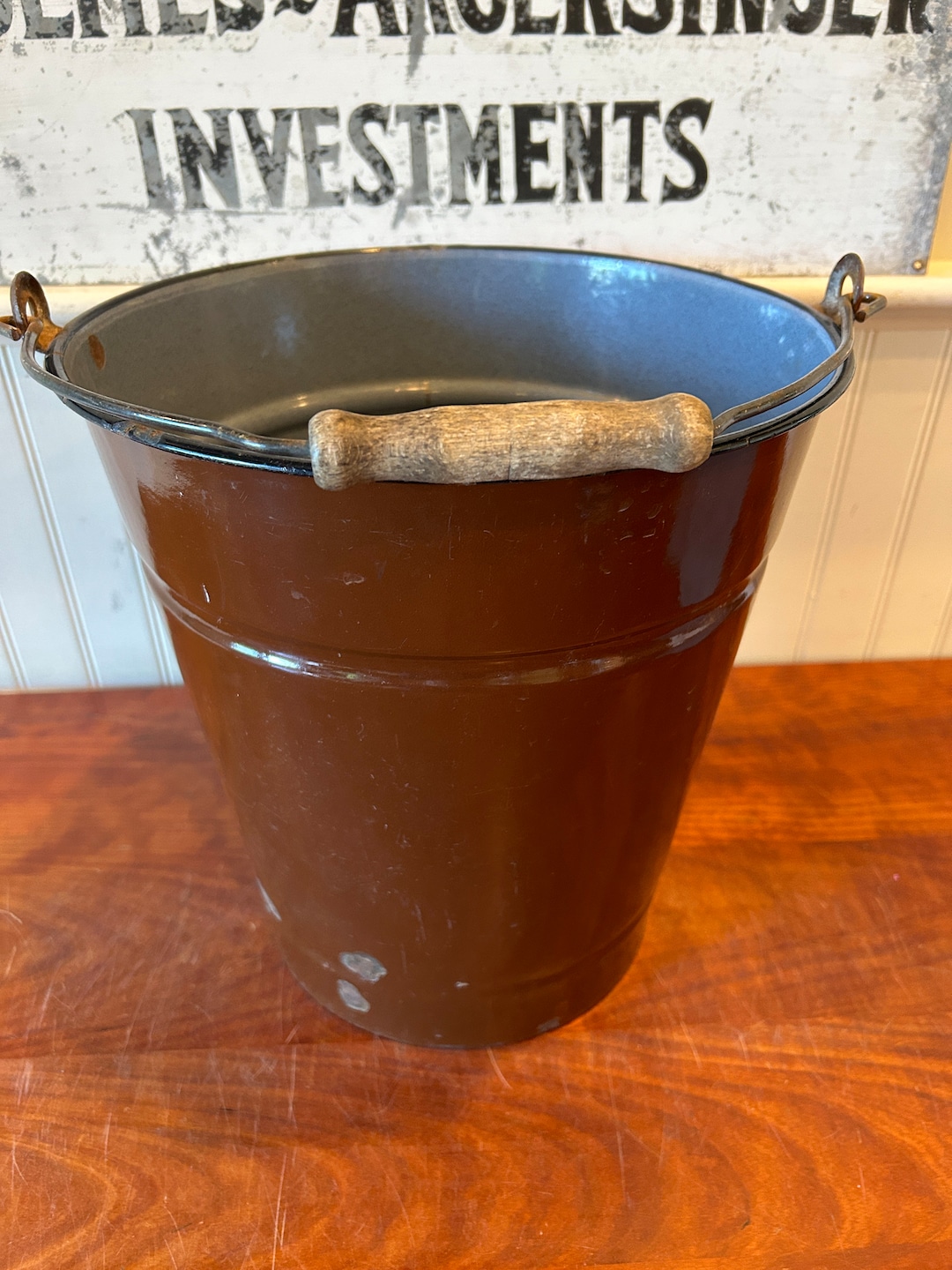 Vintage Brown Enamelware Bucket Vintage Brown Enamel Bucket With Black ...