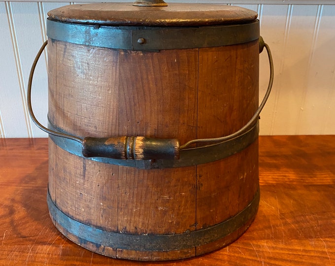 Antique Wood Stave Mince Meat Pail Bucket Firkin With Lid Swing Handle ...