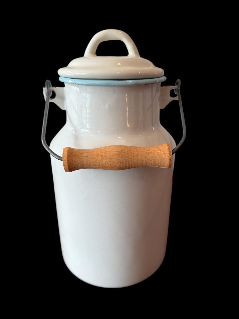 Vintage Enamel Milk Can With Lid and Wooden Handle - Etsy