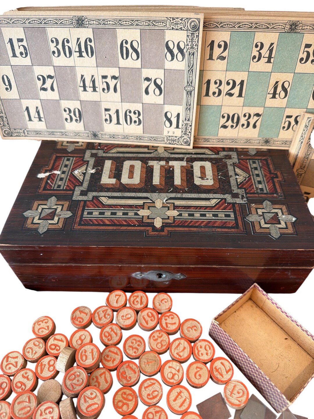 Vintage 1900s Wooden Lotto Game Set – Painted Box, Glass Markers - Etsy