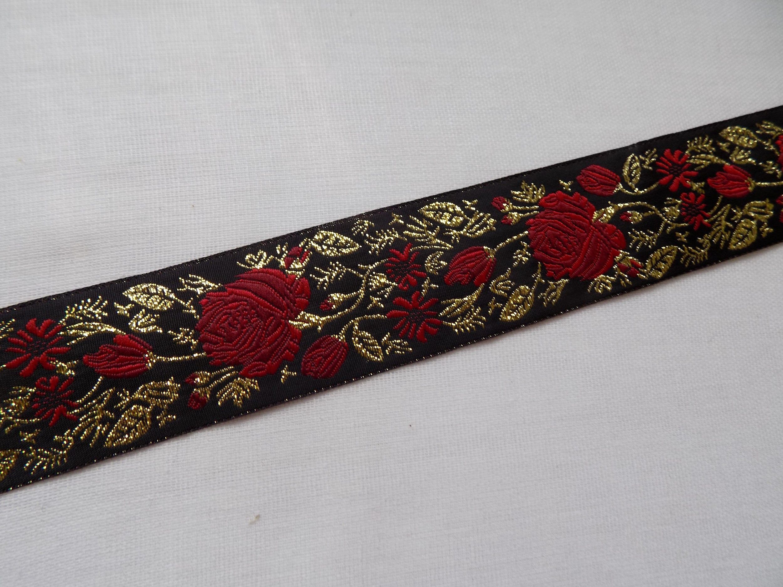 Black and gold Floral jacquard ribbon with red roses jacquard | Etsy