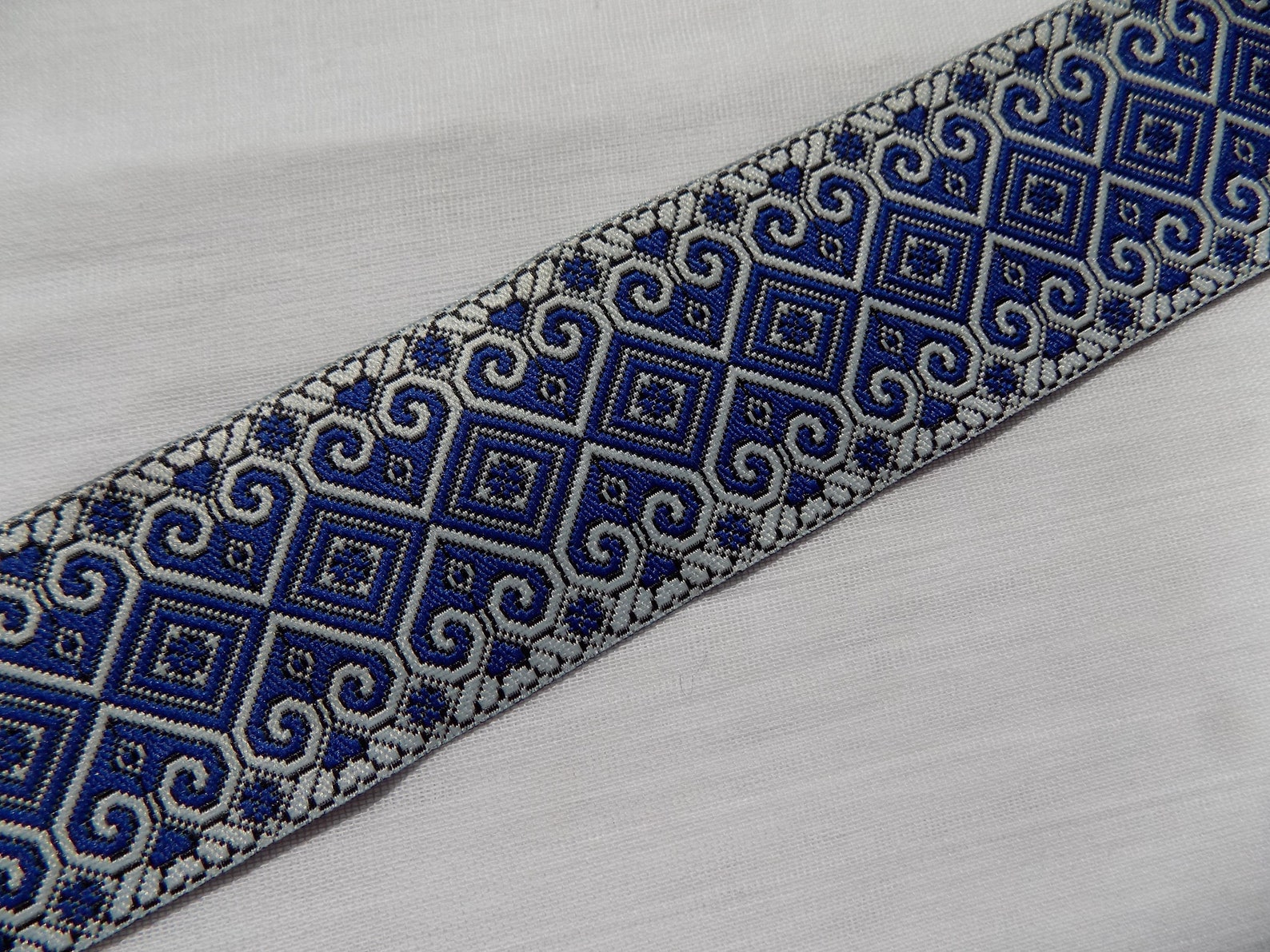 White and Blue Jacquard Ribbon, Ukrainian Geometric Jacquard Ribbon ...