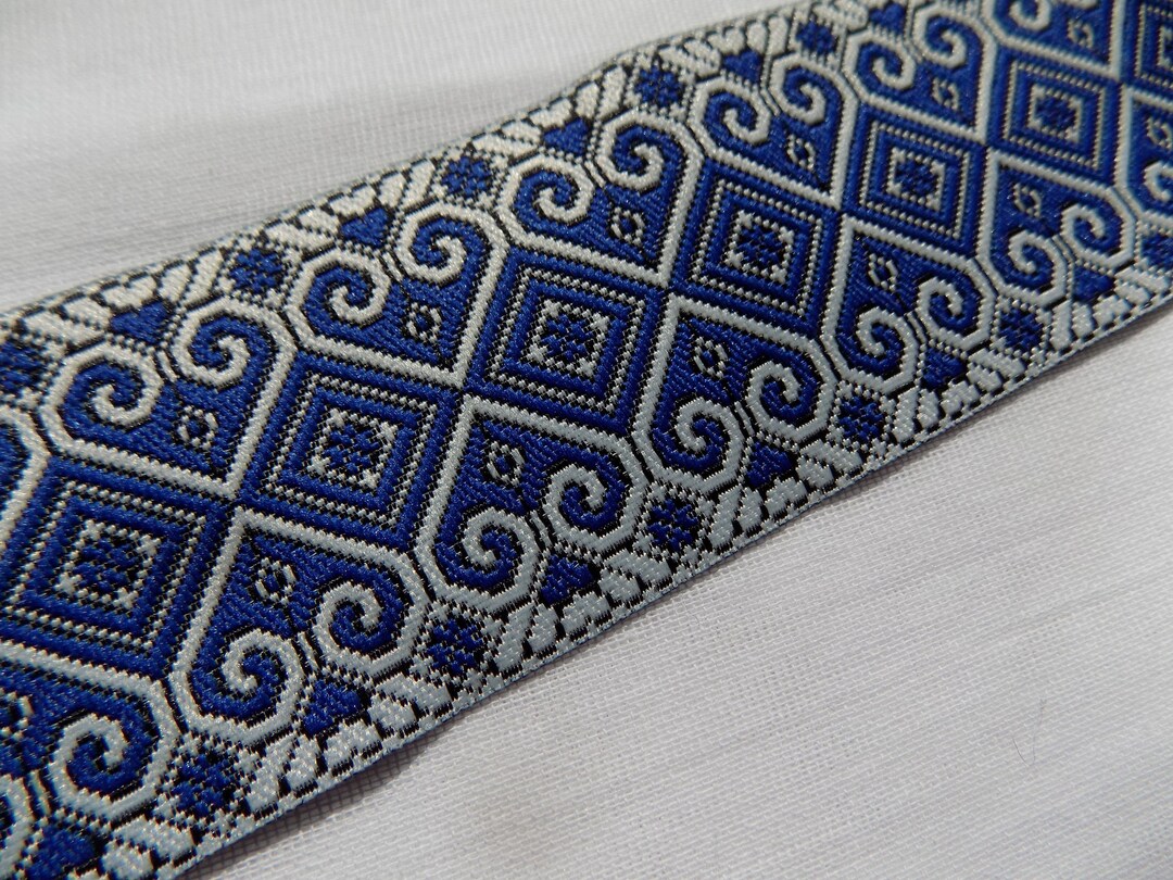 White and Blue Jacquard Ribbon, Ukrainian Geometric Jacquard Ribbon ...