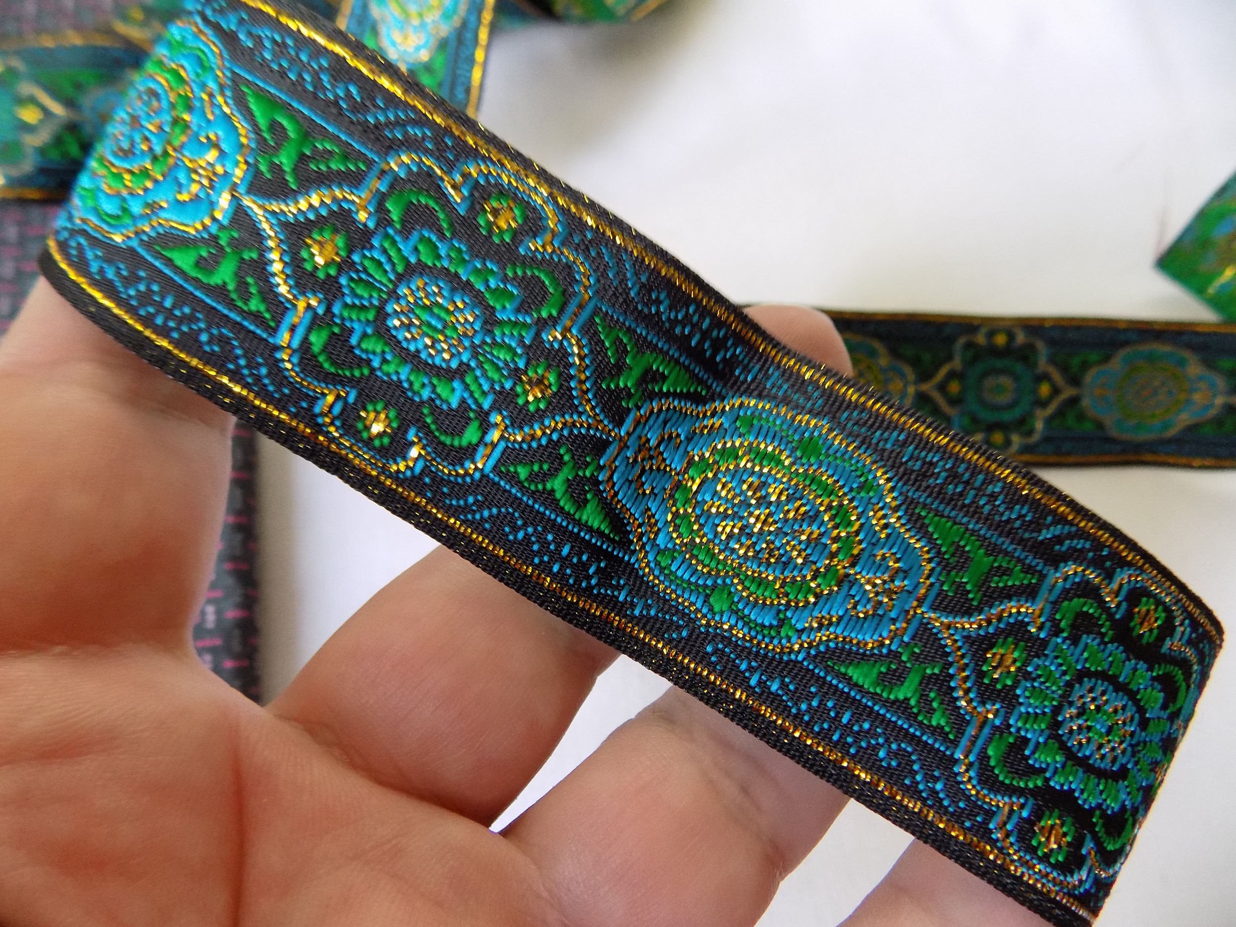 Green and Blue Jacquard Ribbon, 30 Mm Woven Jacquard Trim by the Yard ...