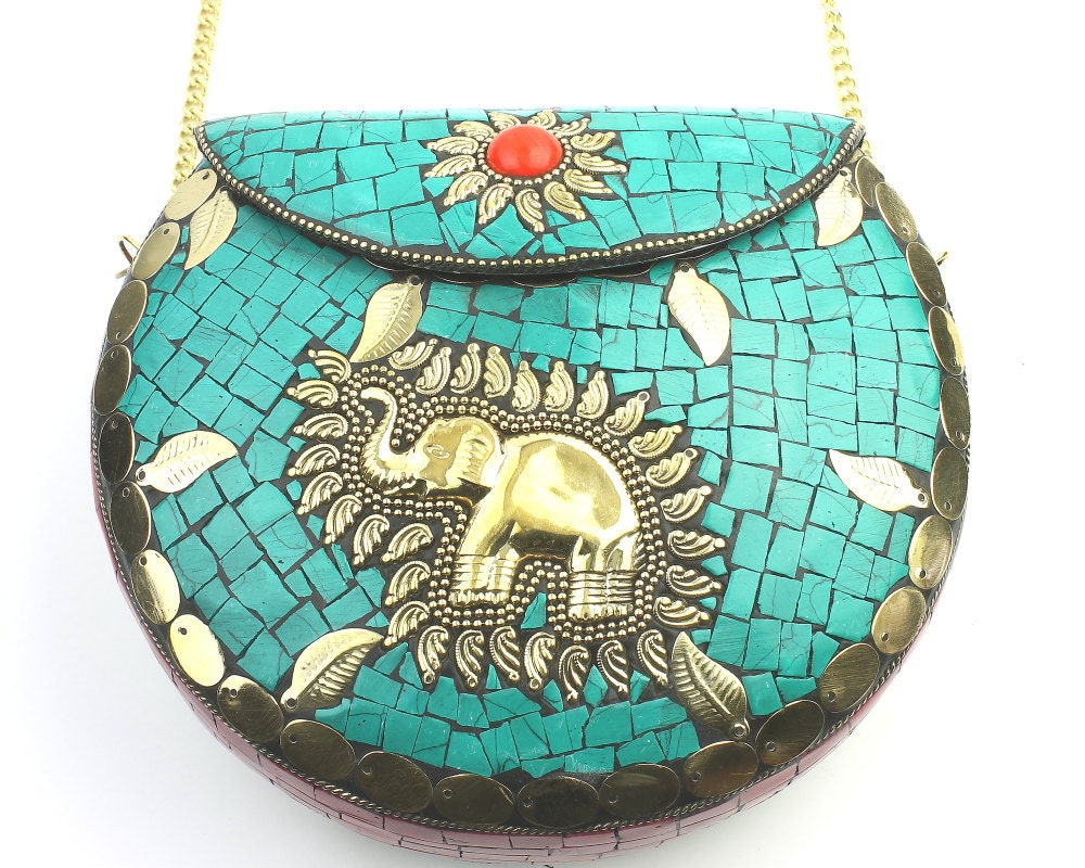 Anjara Clutch, Turquoise Vintage Stone Purse, Elephant Purse, Ornate ...