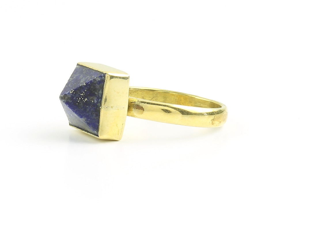 Lapis Pyramid Ring, Brass Lapis Ring, Lapis Lazuli, Geometric, Minimal ...