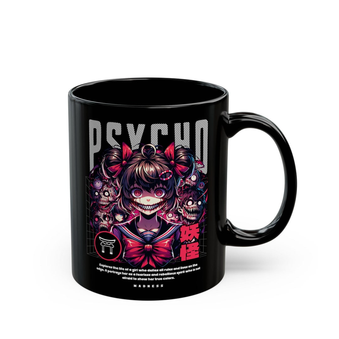 Black Mug, Psycho Anime Girl Design Ceramic Coffee Cup, 11oz, 15oz ...