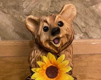 Chainsaw Carved Bear With Sunflower Cute Woodcarving of Bear With Flower Gift for Mom Christmas Present for Mother Unique Wooden Home Accent Etsy