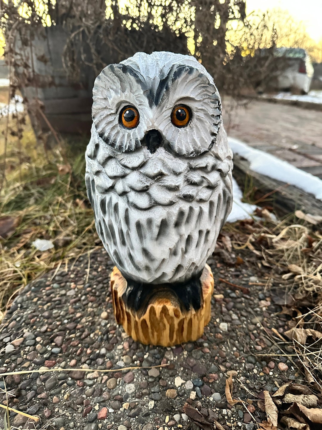 Snowy Owl Chainsaw Carving Wood-carved Owl Figurine for Log Cabin Home ...