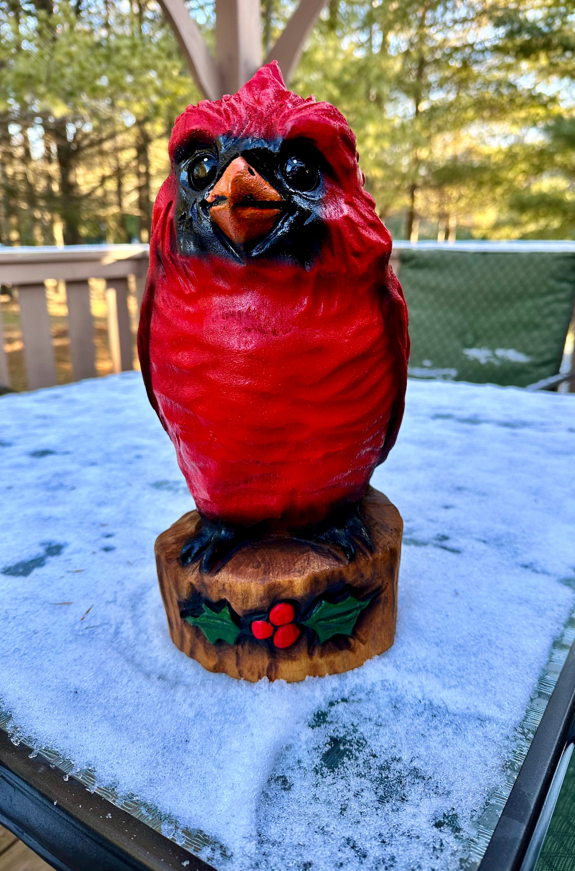 Chainsaw Carved Handcrafted Wood Cardinal Carving With Holly Leaves ...
