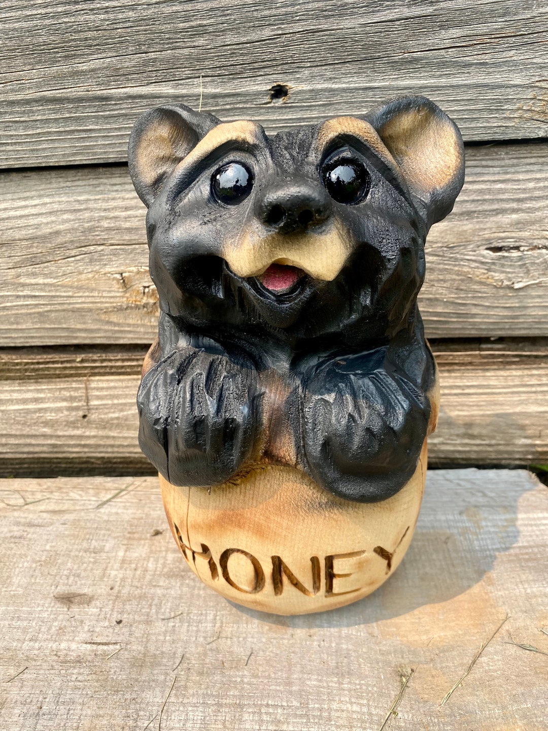 Bear Lover Gift Wood Carved Chainsaw Black Bear in Honeypot Rustic ...