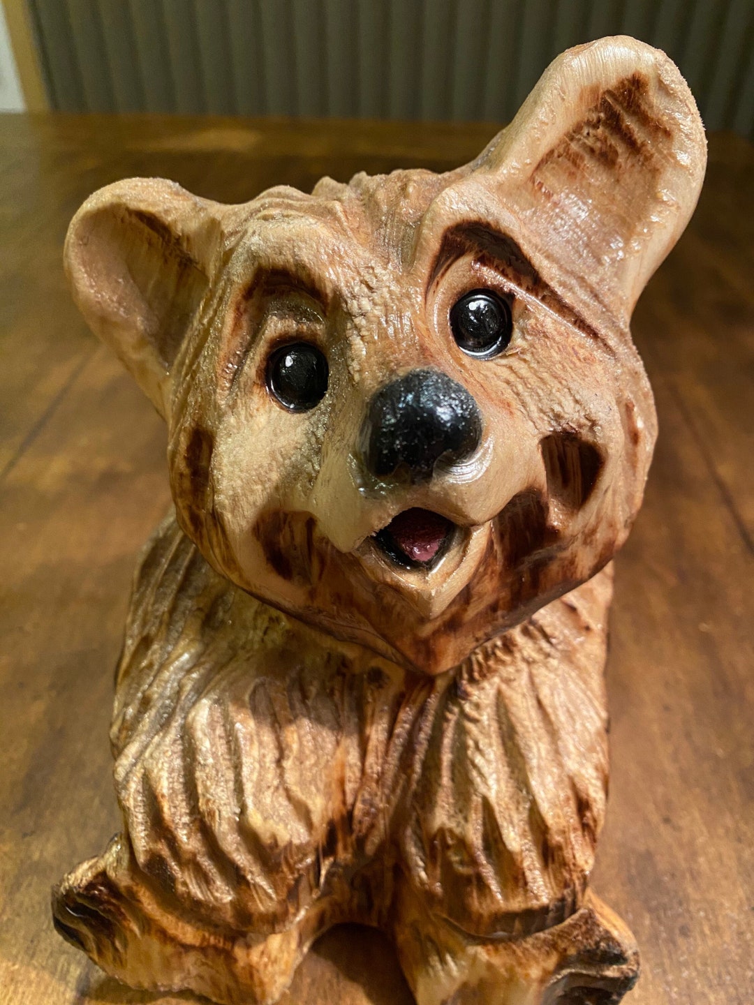 Wood Carved Bear Log Cabin Art Happy Wood Bear Home Decor Cute Welcome ...