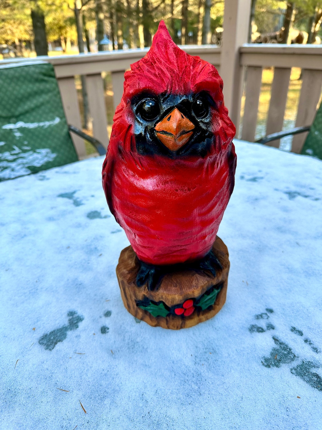 Chainsaw Carved Handcrafted Wood Cardinal Carving With Holly Leaves ...