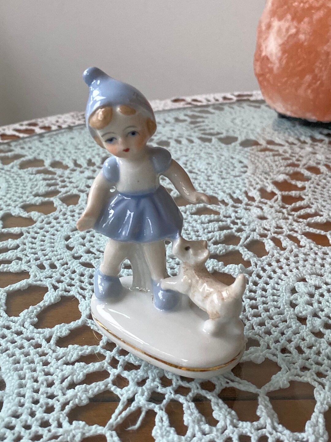 Vintage Rare Fine Porcelain 1960s Light Blue & White Pixie With Little Dog Pulling on Her Skirt ...