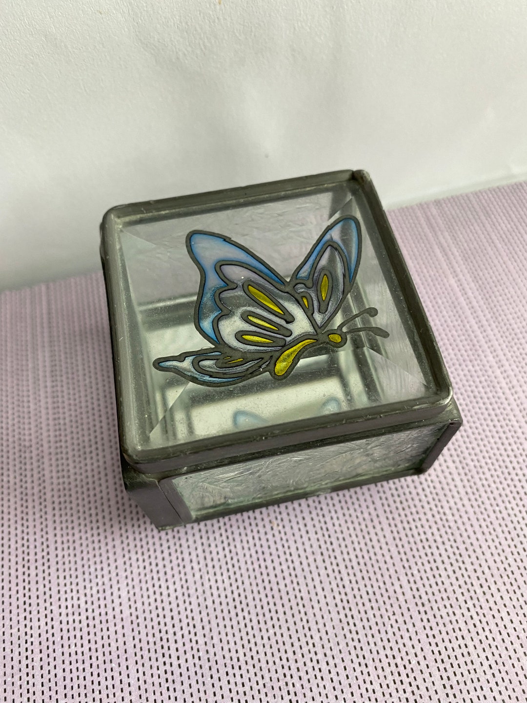 Butterfly Stained Glass/ Beveled Top Jewelry Trinket Box. Crackled ...