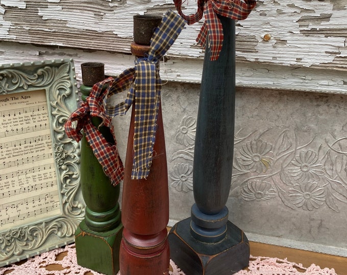 Spindle Primitive Style Vintage Wood Candlestick Holders, Farmhouse ...
