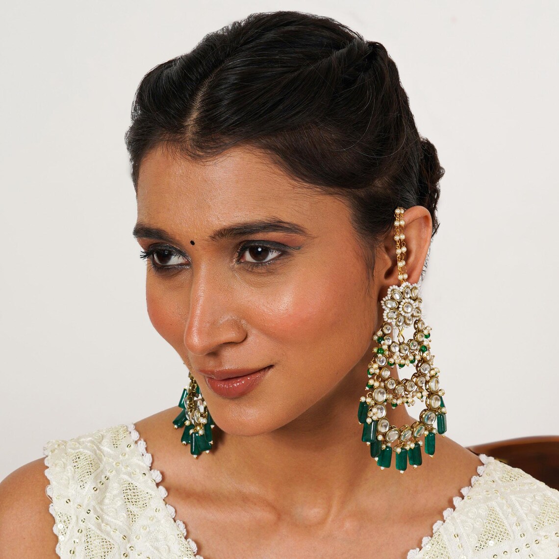 Traditional Kundan Chandelier Earrings With Green Stones - Indian ...