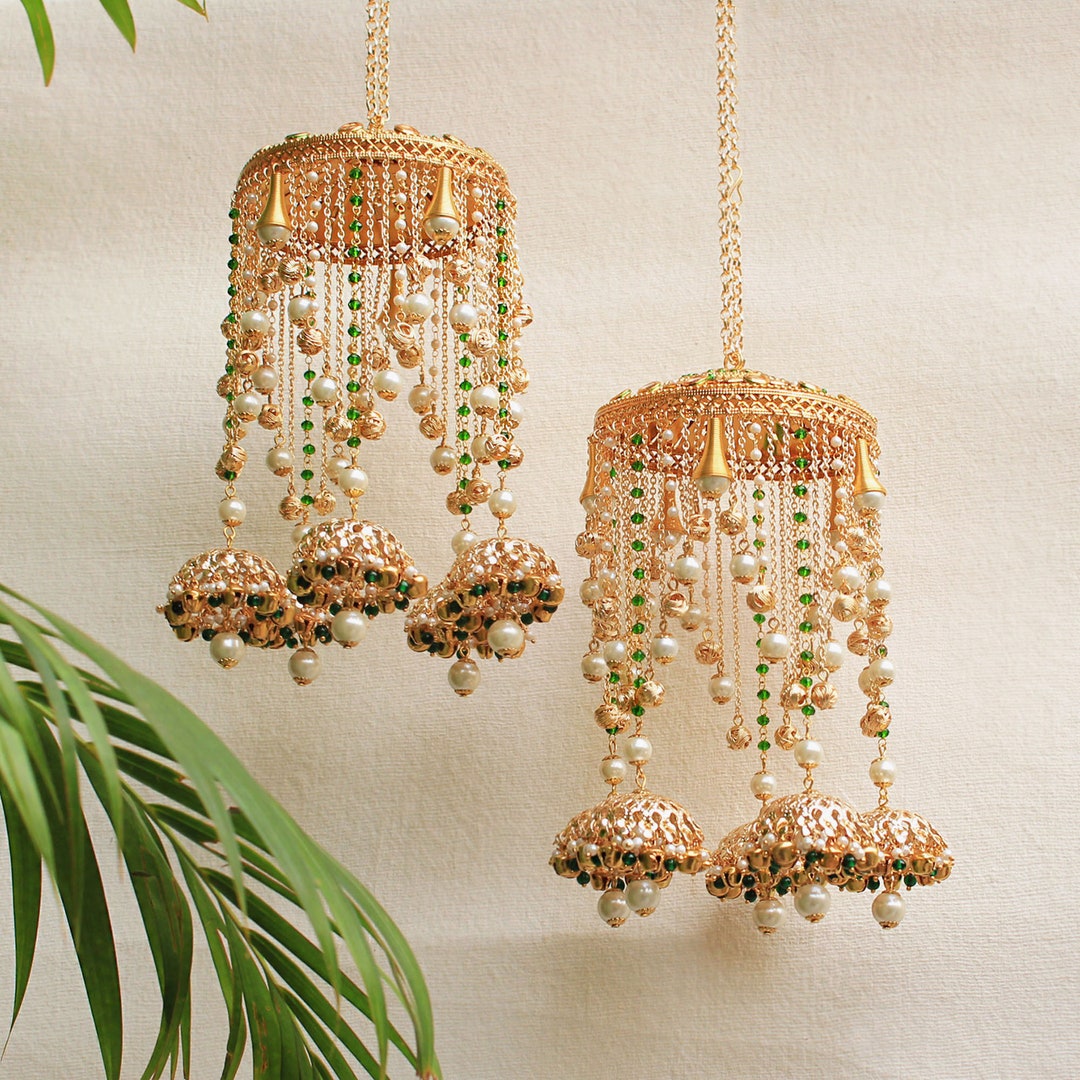 Golden Jhumki Kaleere With Pearls, Indian Punjabi Wedding Green Kalire ...