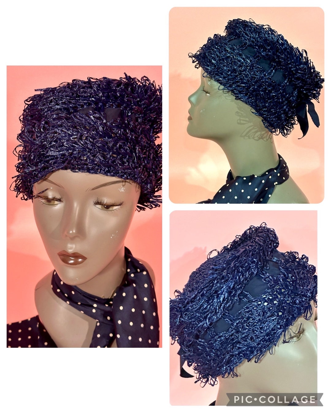 Vintage 1950s Mid Century Navy Blue Rafia Crocheted Pillbox Hat With ...