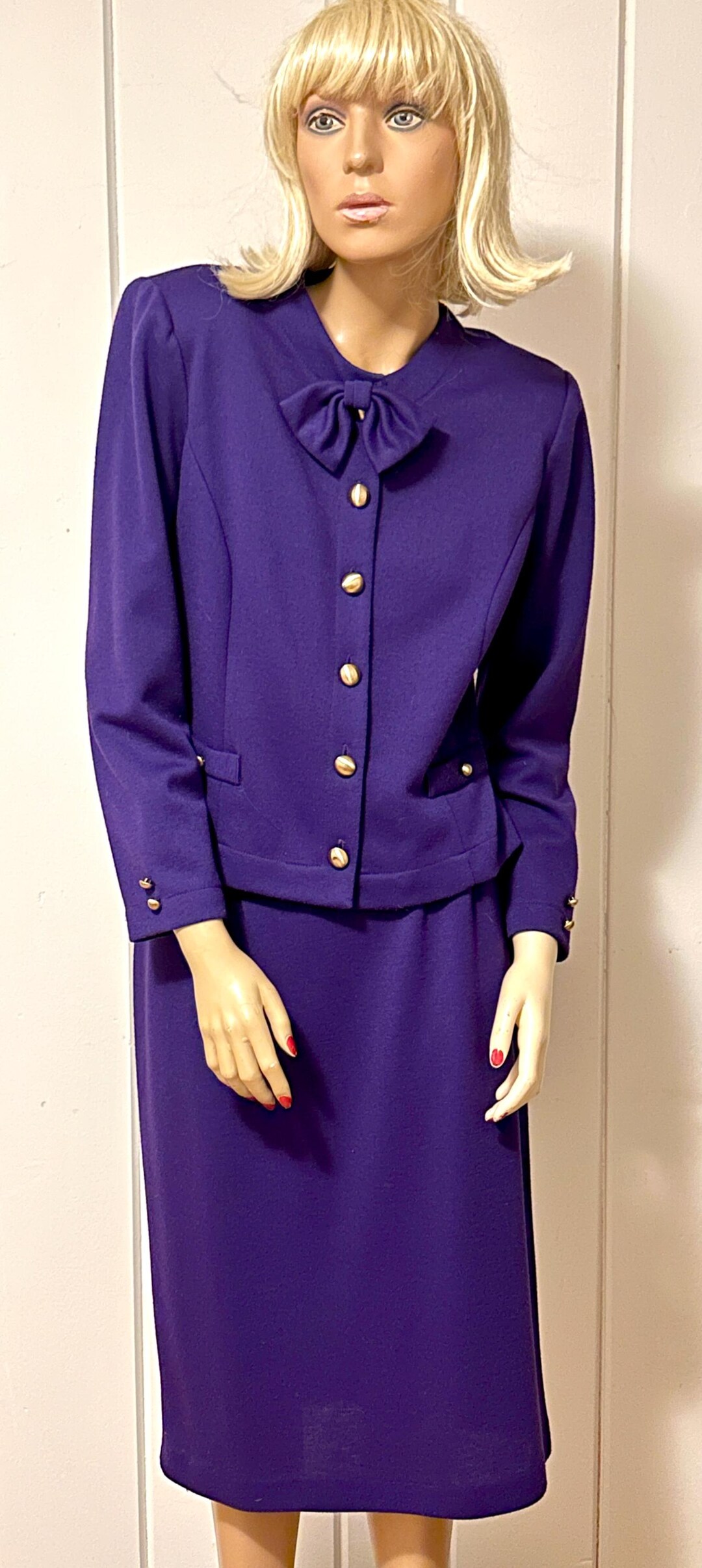 Vintage 70’s Women’s Purple Skirt & Jacket Suit W/ Bow on the Neckline ...