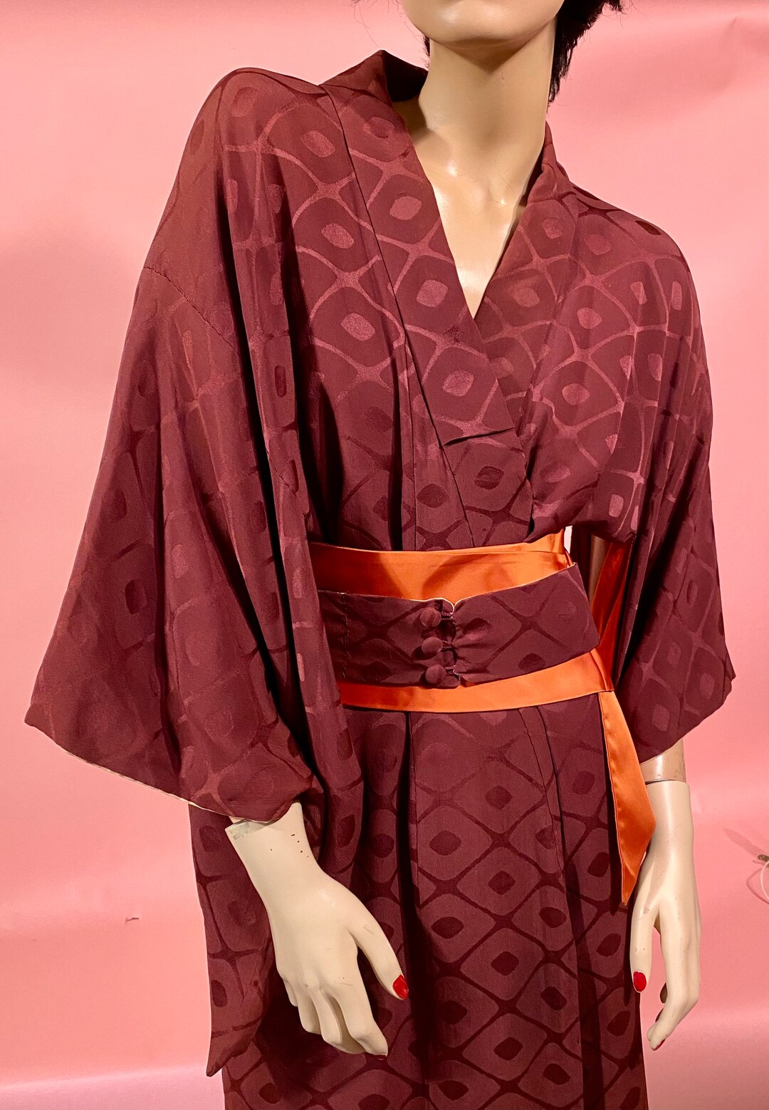 Amazing Vintage 1950’s Japanese Silk Kimono in Maroon & Vibrant Orange ...