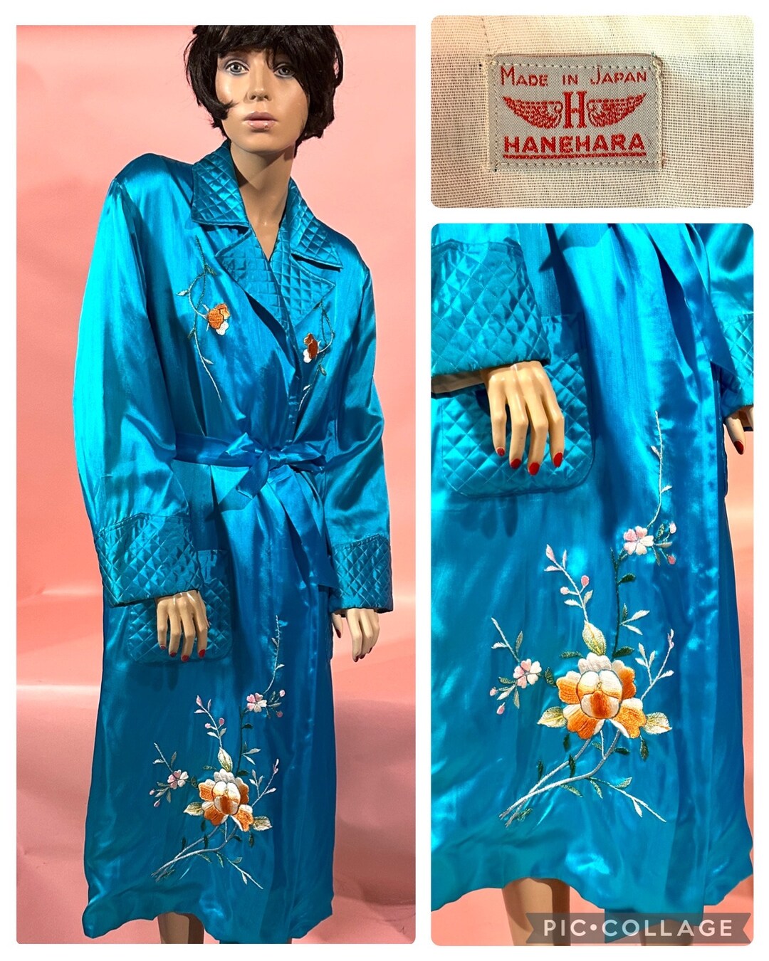 Vintage 1960s HANEHARA Made in Japan TURQUOISE Embroidered Lined Robe W ...