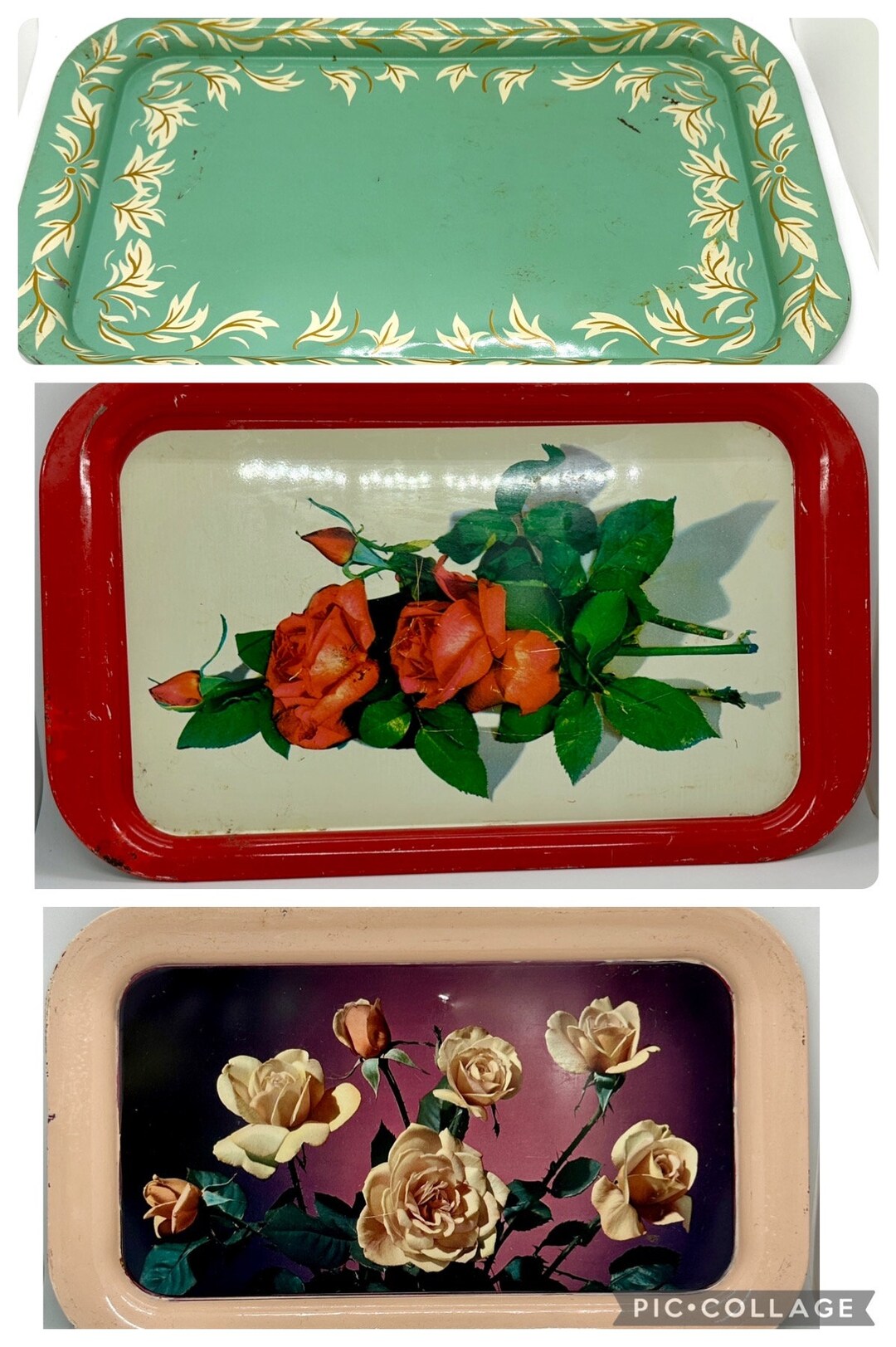 Vintage 1950s MCM Red Roses, Pink Roses and Sage Green Metal ...