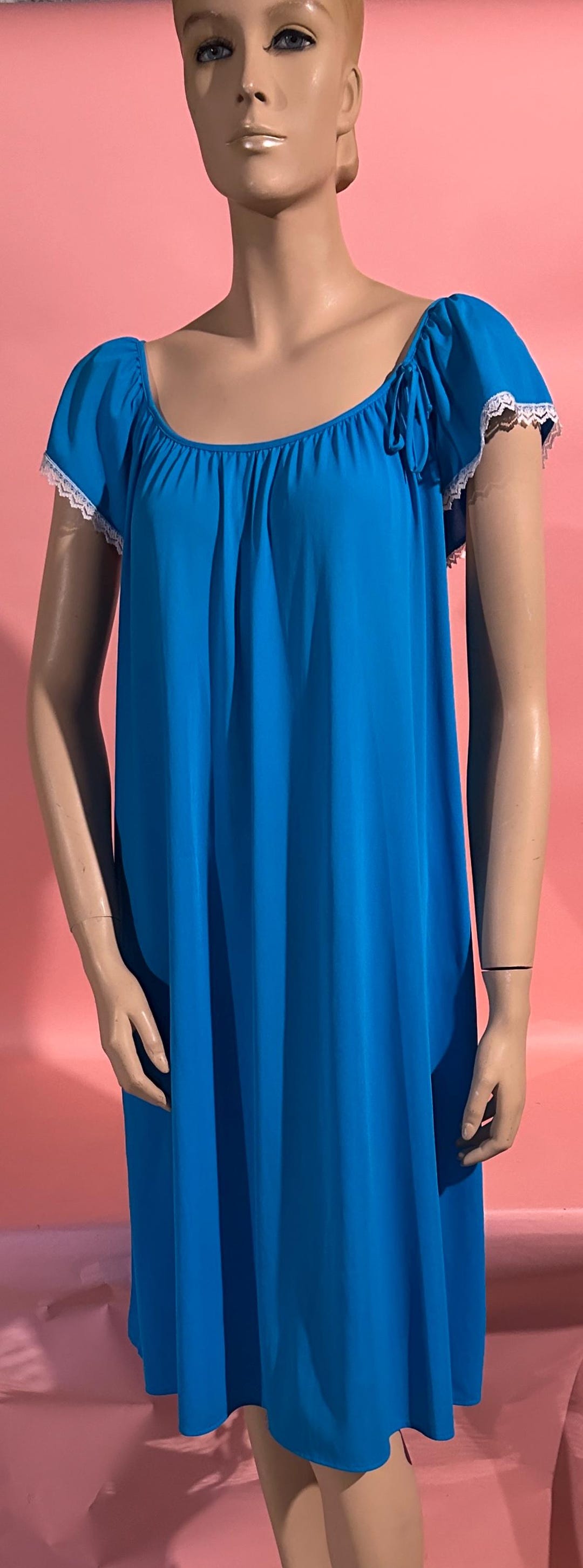 Vintage ELECTRIC Blue Nylon Nightgown W/cap Sleeves & White Lace Trim ...