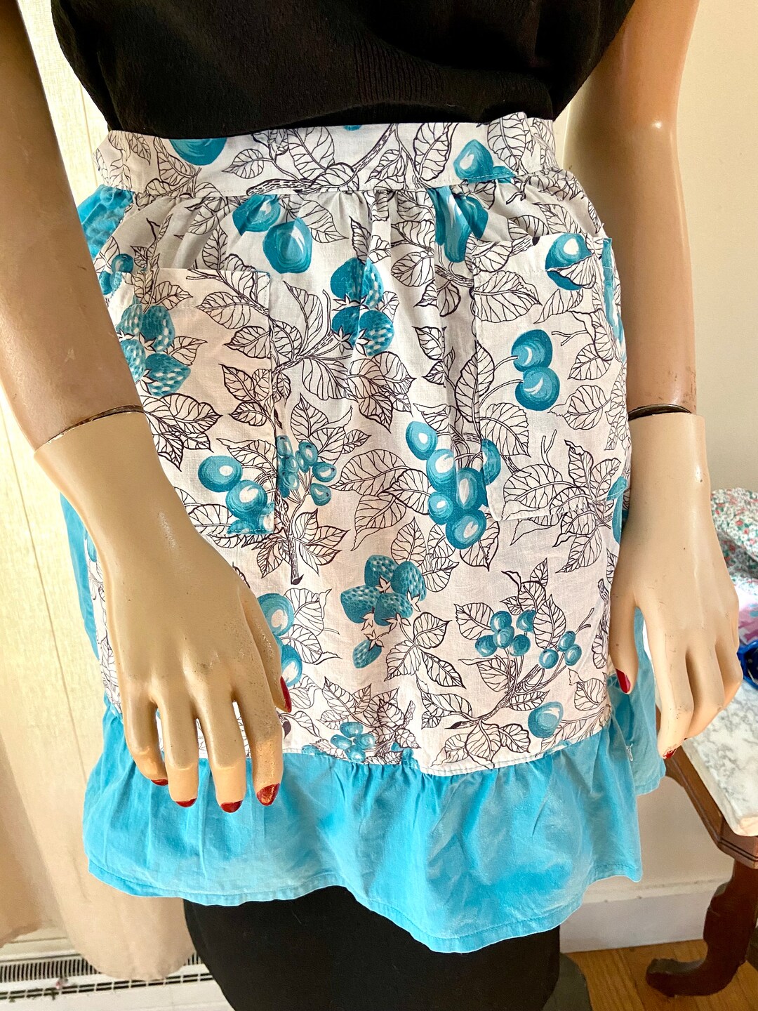 Cute Vintage Homemade Half Cotton Apron Blue & White Strawberry ...
