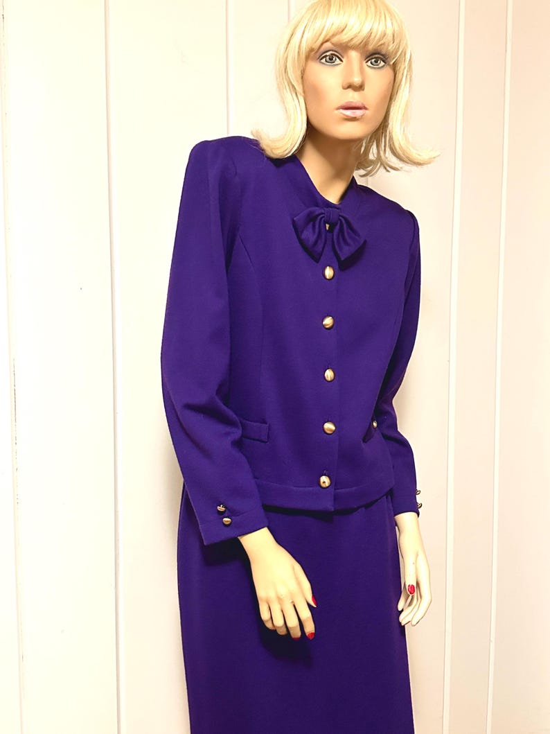 Vintage 70’s Women’s Purple Skirt & Jacket Suit W/ Bow on the Neckline ...