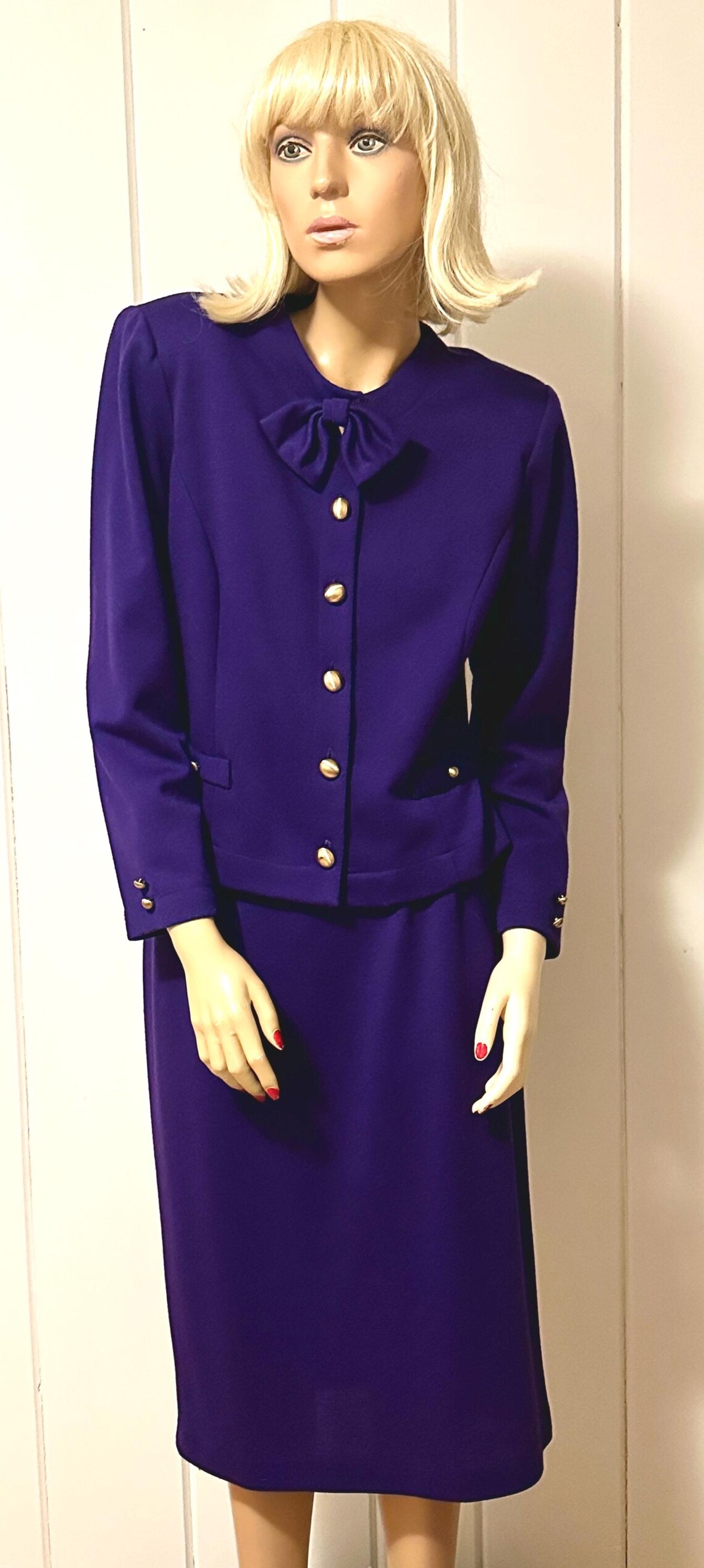 Vintage 70’s Women’s Purple Skirt & Jacket Suit W/ Bow on the Neckline ...