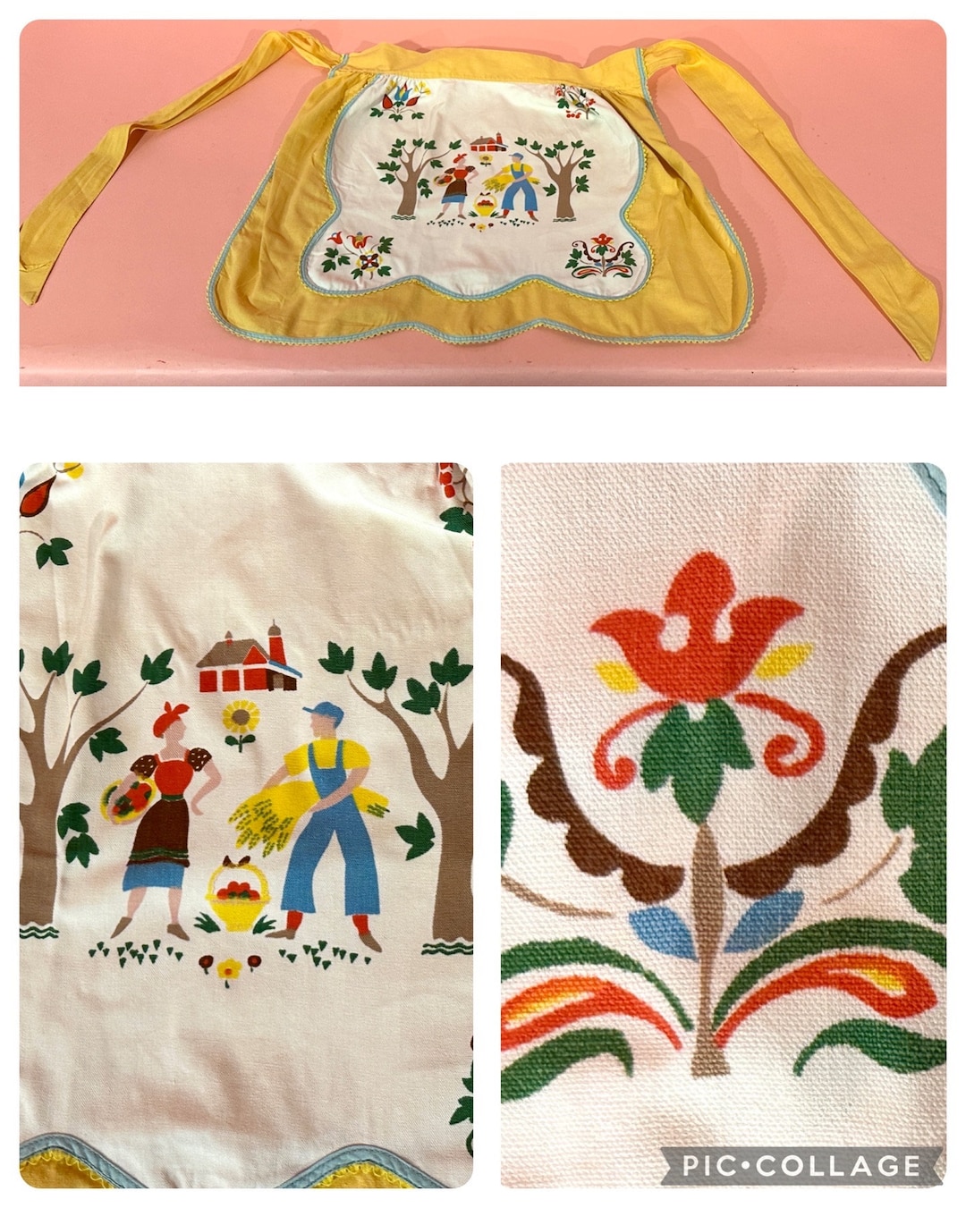 Vintage 1950s Cotton Pennsylvania Dutch Yellow Half Apron With a Farm ...