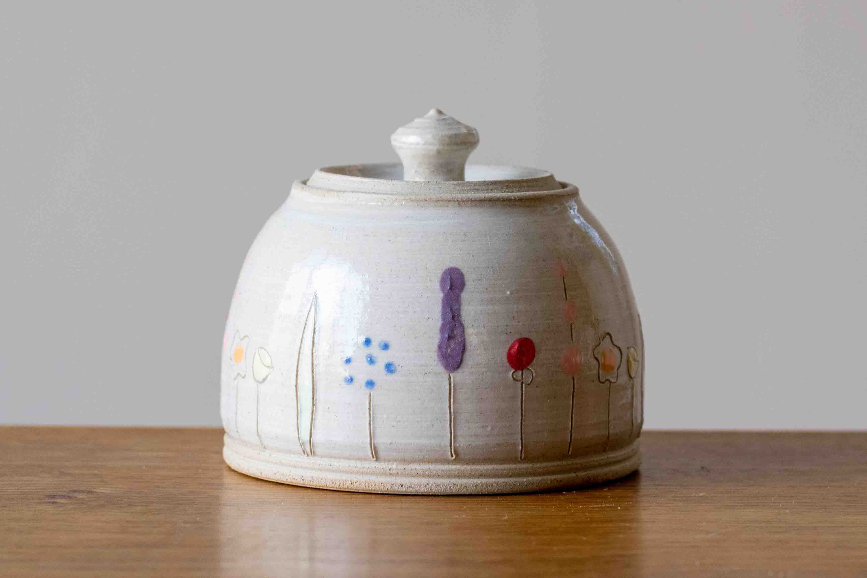 Small White Handmade Pottery Sugar Pot with Lid and Midsummer Flower Design — MARY WRIGHT CERAMICS