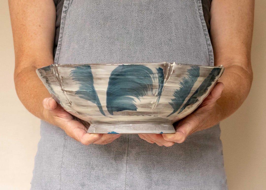 Large Handmade Japandi Inspired Ceramic Low Bowl With Blue Brush ...
