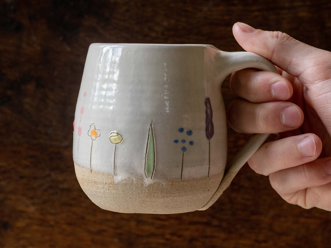White Handmade Pottery Mug With Midsummer Flower Design - Etsy
