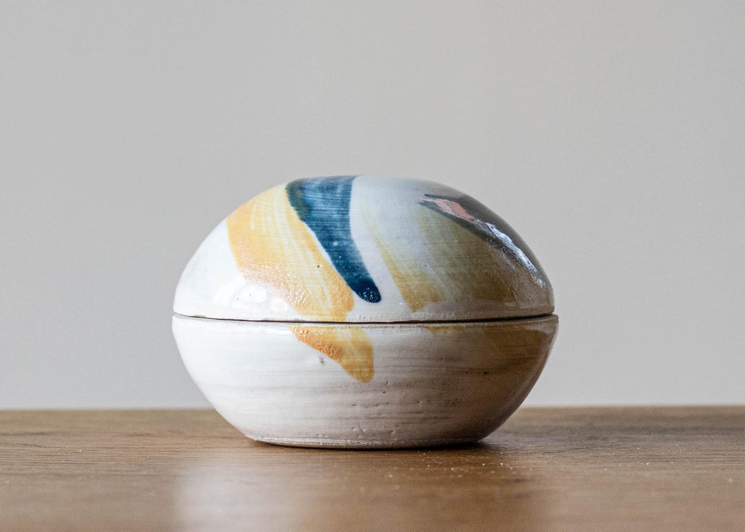 Handmade Modern Japandi Style Pottery Lidded Pot With Blue and Yellow ...