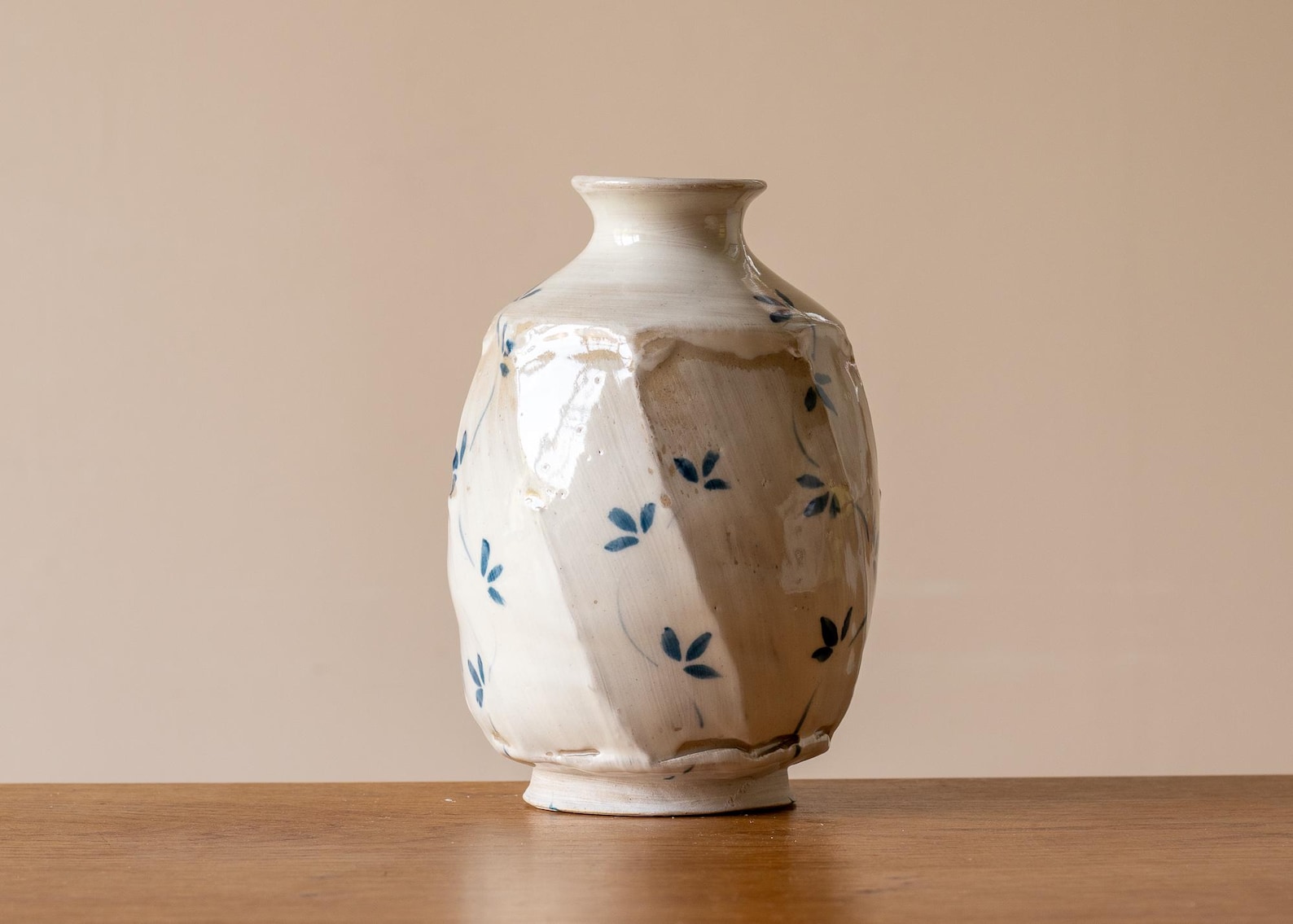 Handcrafted Faceted Pottery Bottle With Blue Leaf Design #1 - Etsy